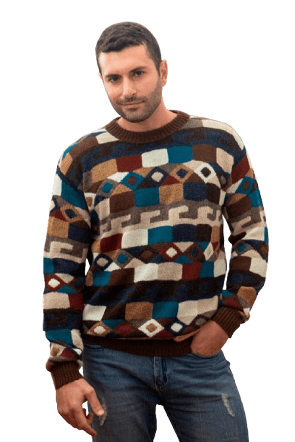 NOVICA Men's 100% alpaca intarsia knit sweater, 'Adventure Geometry ...