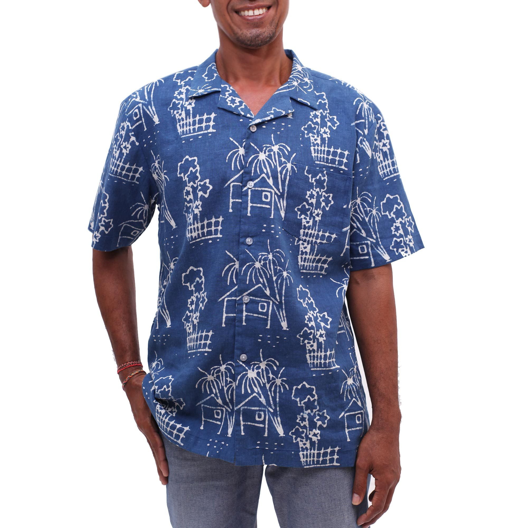 NOVICA Men's batik linen and cotton blend shirt, 'Village Huts ...