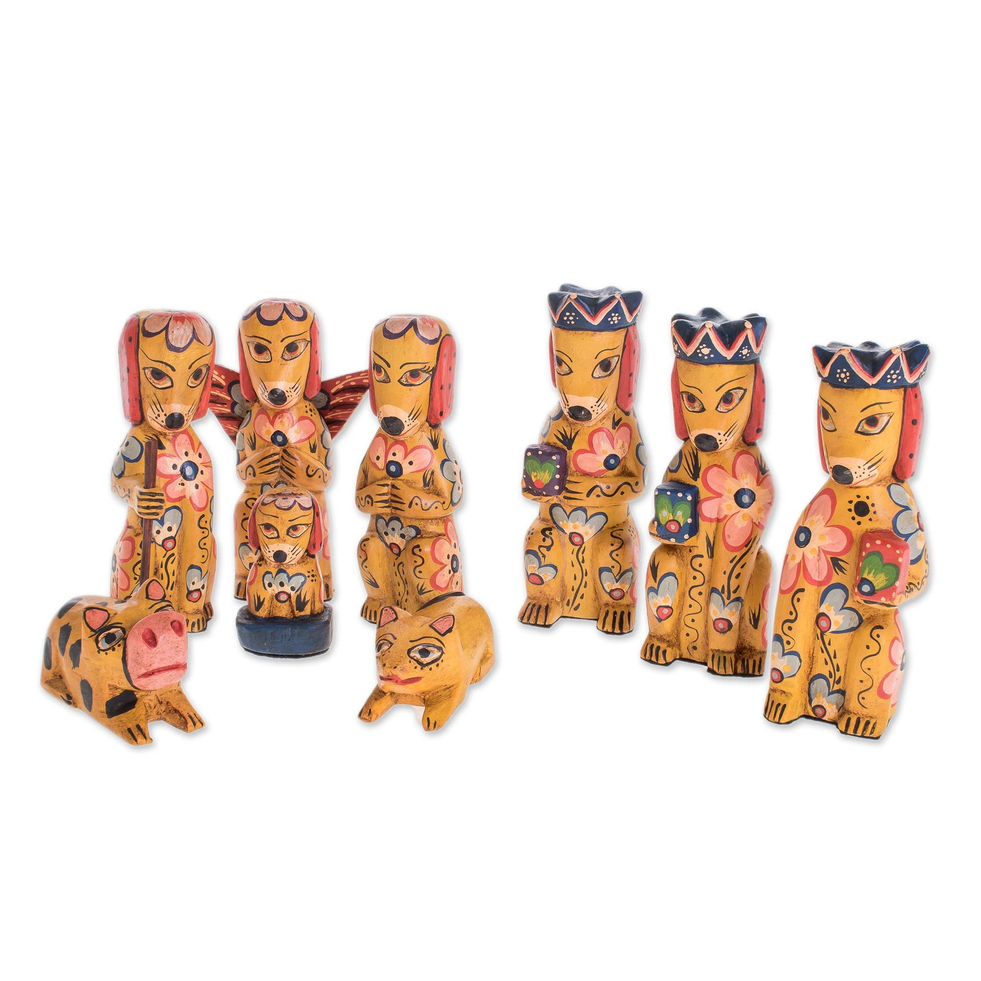 NOVICA Wood nativity scene, 'Christmas Puppies' (9 piece) - Walmart.com