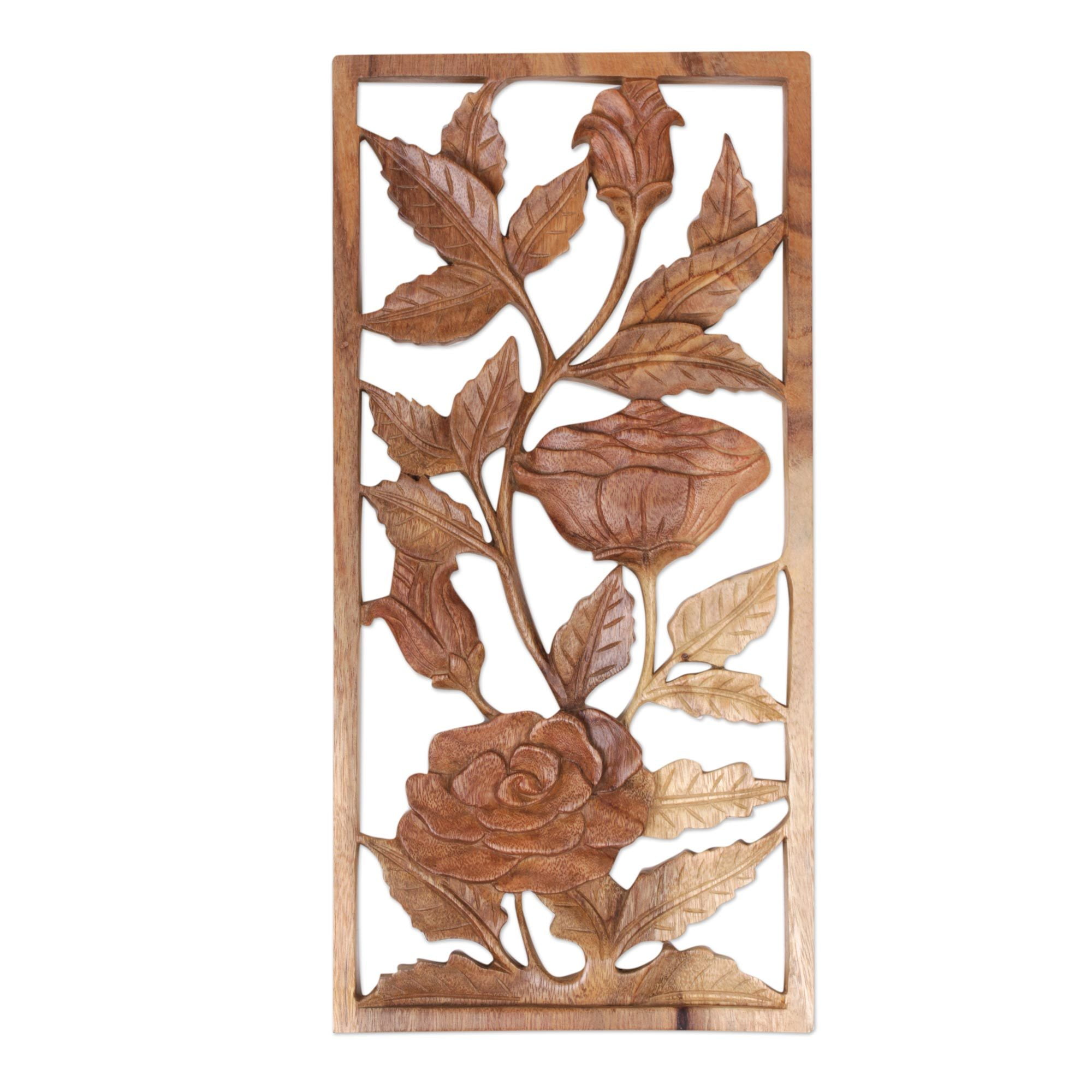 NOVICA Wood relief panel, 'Graced by Roses' - Walmart.com