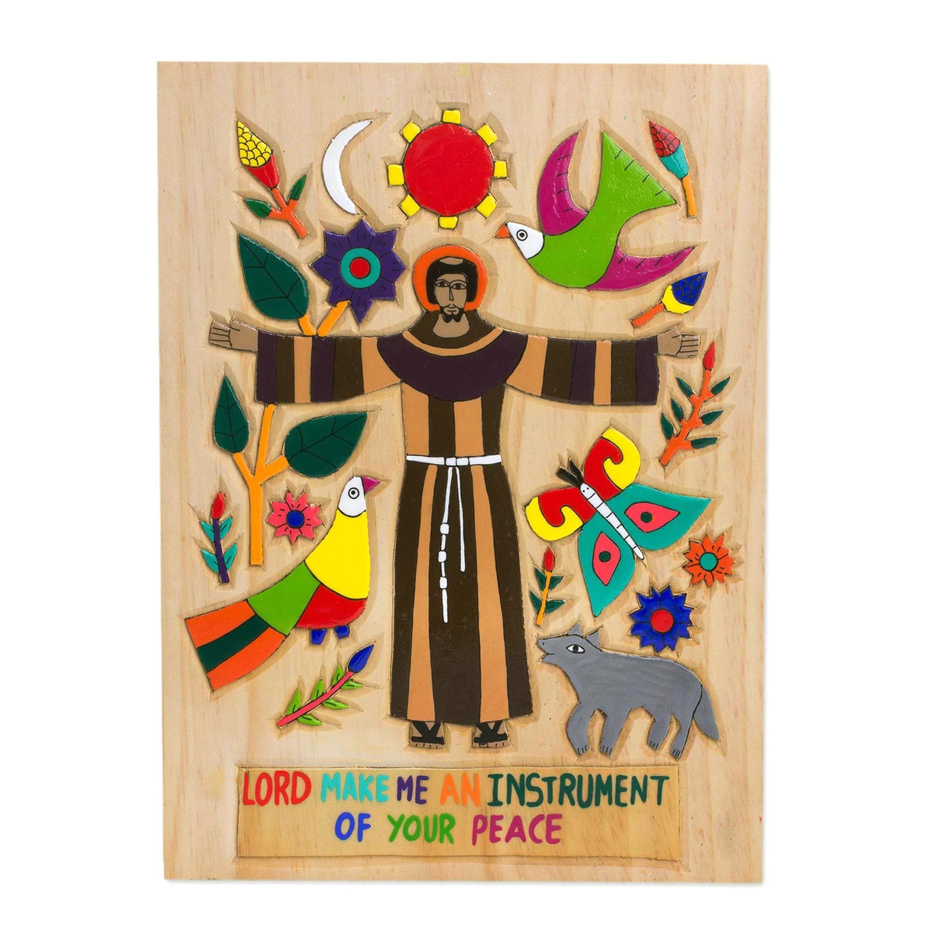 NOVICA Wood relief panel, 'Make Me an Instrument of Your Peace ...