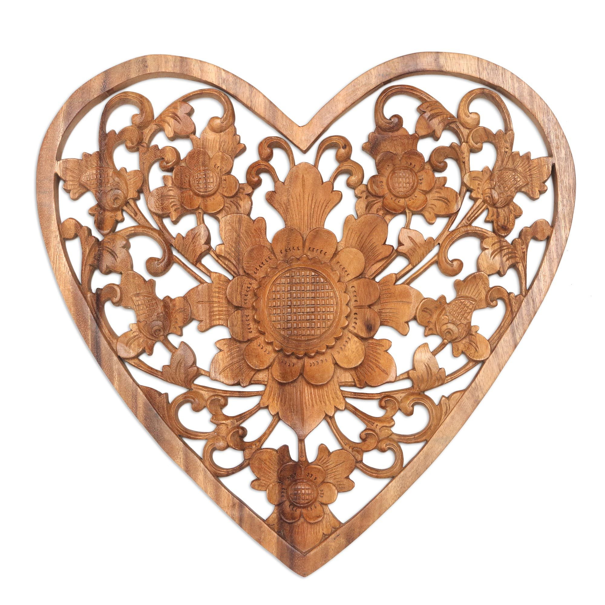 NOVICA Wood relief wall panel, 'Love Flower' - Walmart.com