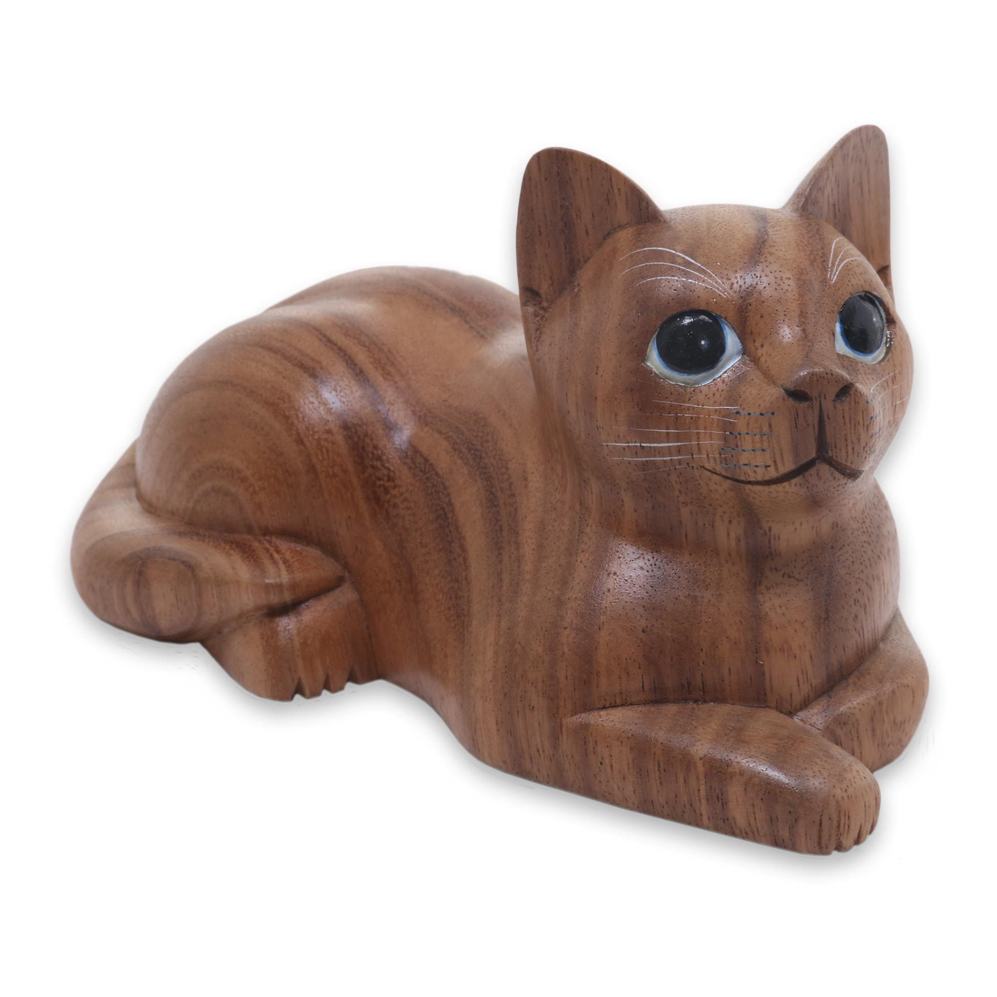 NOVICA Artisan Handmade Wood Sculpture Cat from Balinese Artisan Brown ...
