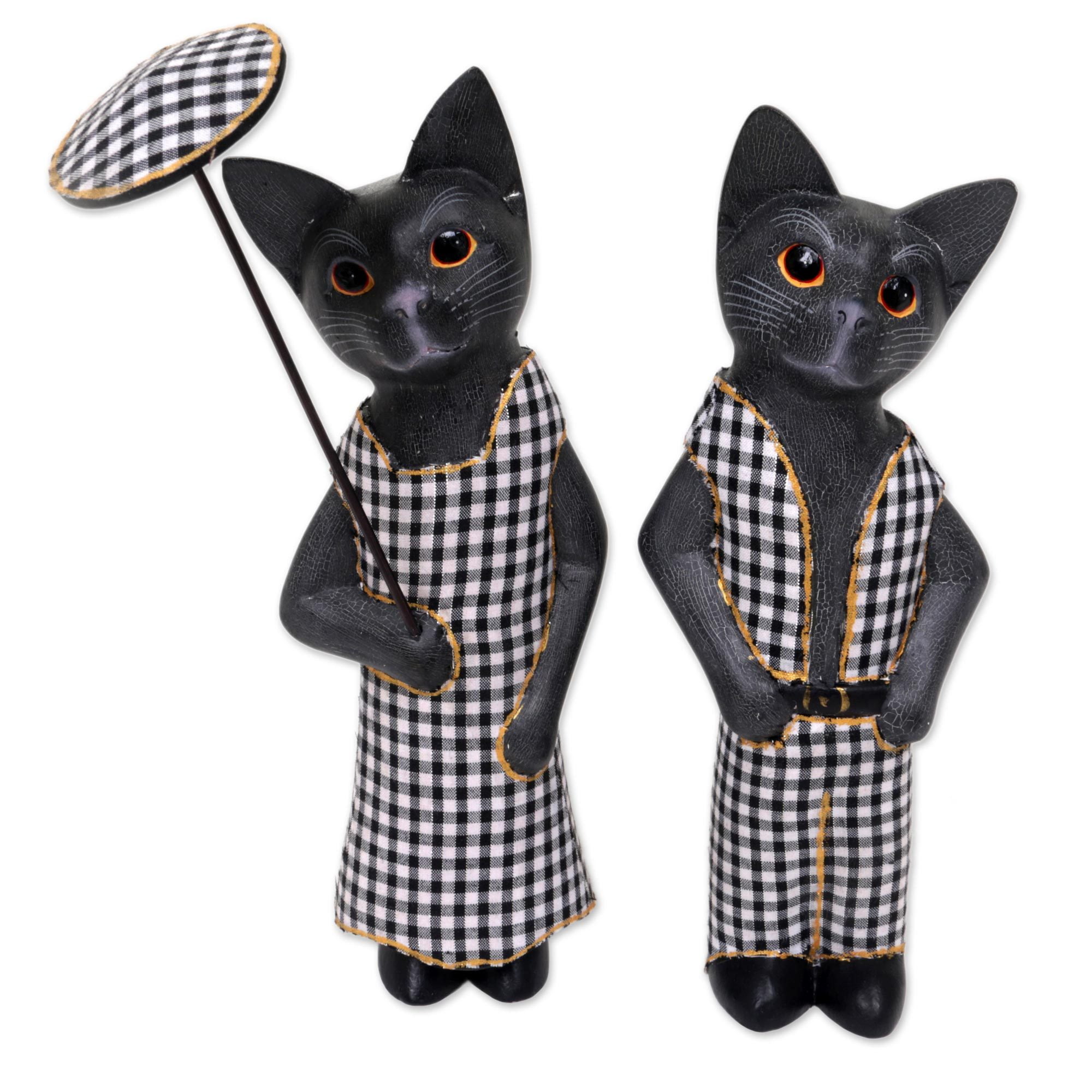 NOVICA Handmade Wood Sculptures Cat Dark Grey Pair Indonesia ...