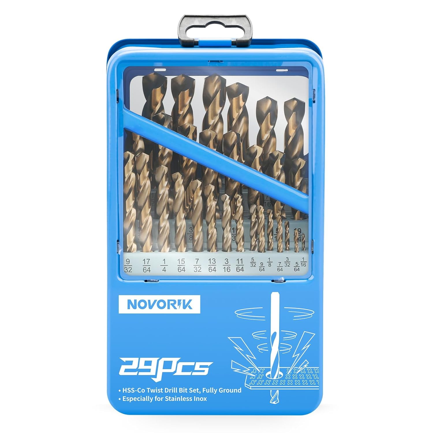 NOVORIK Drill Bit Set 29Pc, Cobalt Twist Drill 1/16"-1/2", M35 High ...