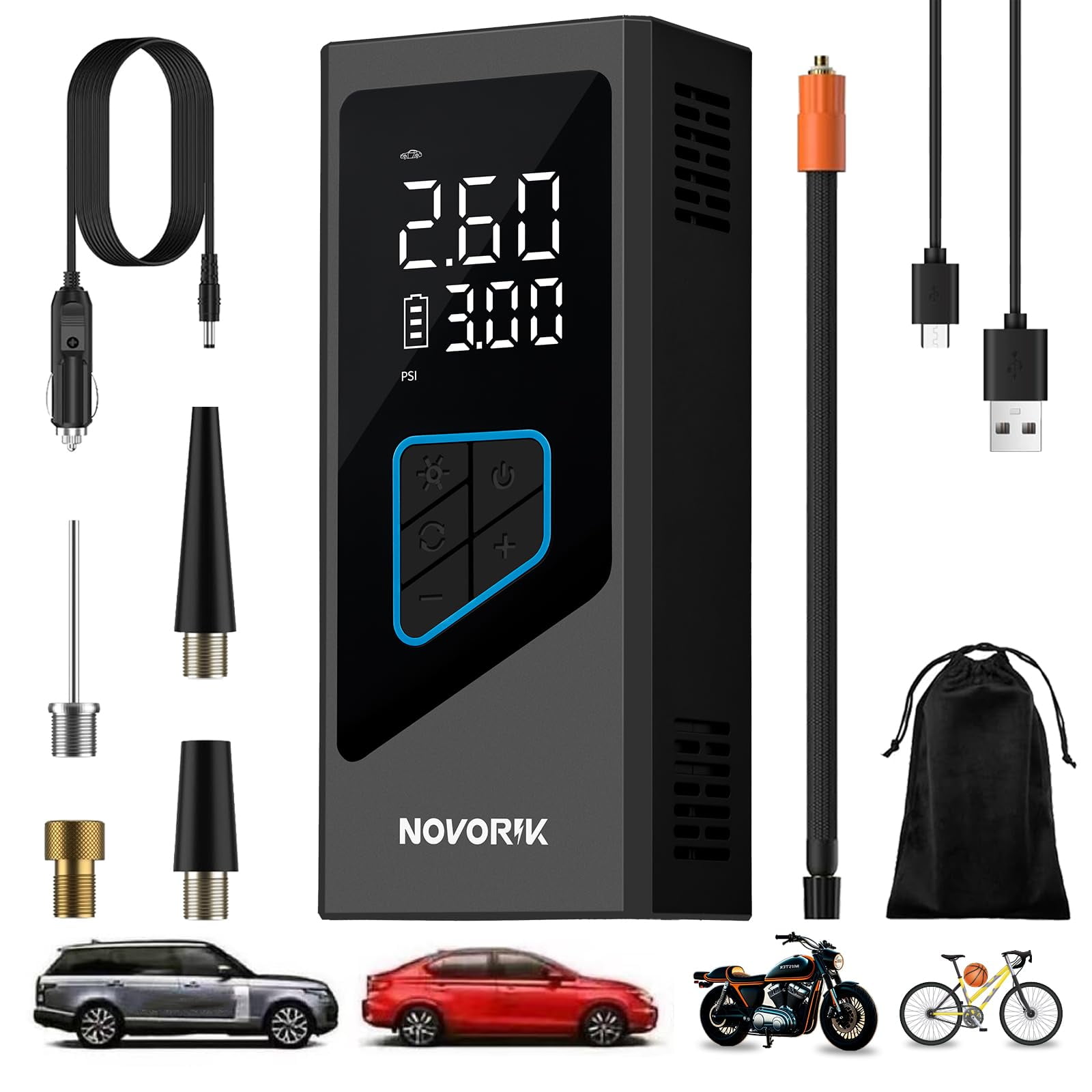 NOVORIK Portable Tire Inflator, Cordless Car Pump with 12V Battery, 150 ...