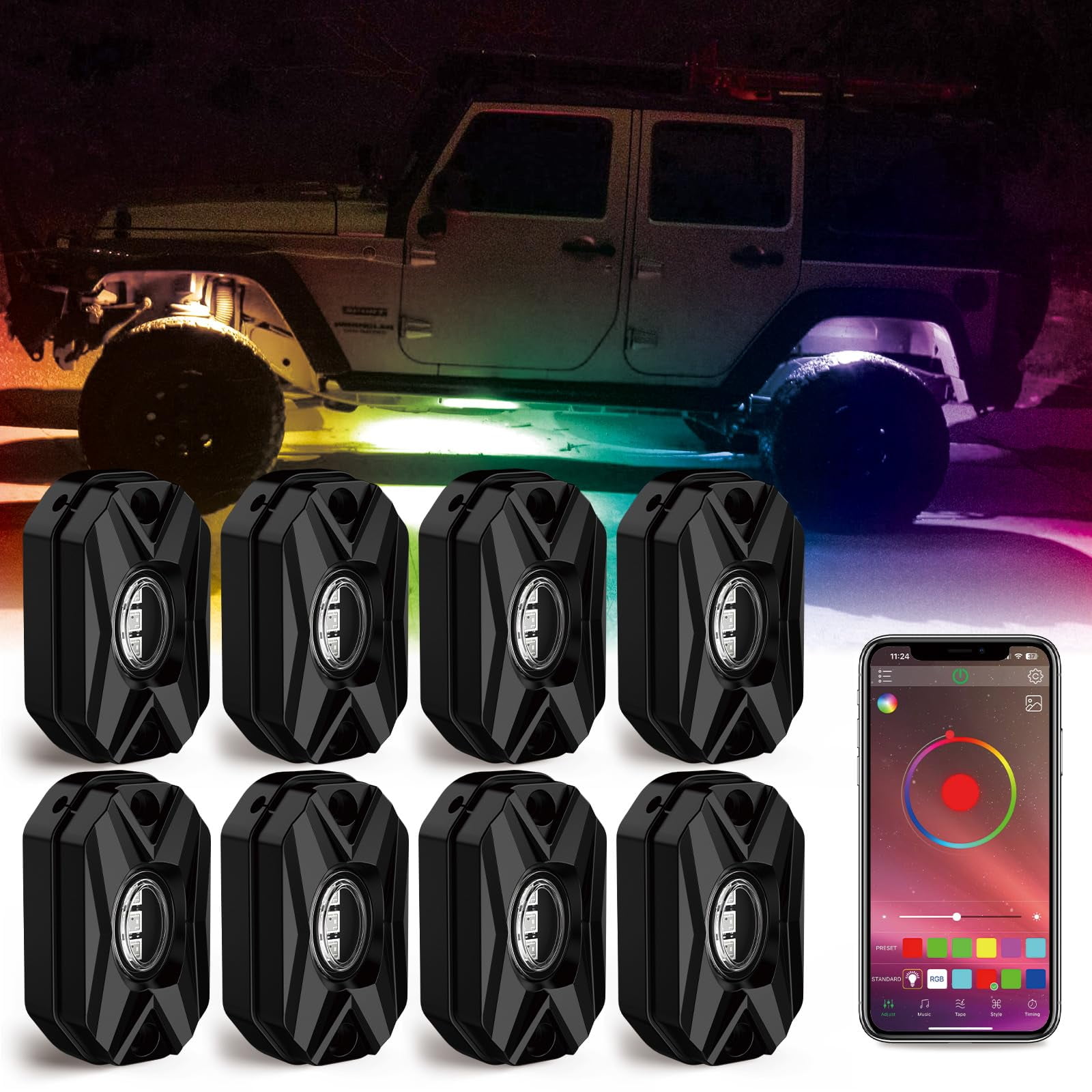 NOVSIGHT 8 Pods RGB YPF5 Rock Lights with APP Control, Waterproof ...