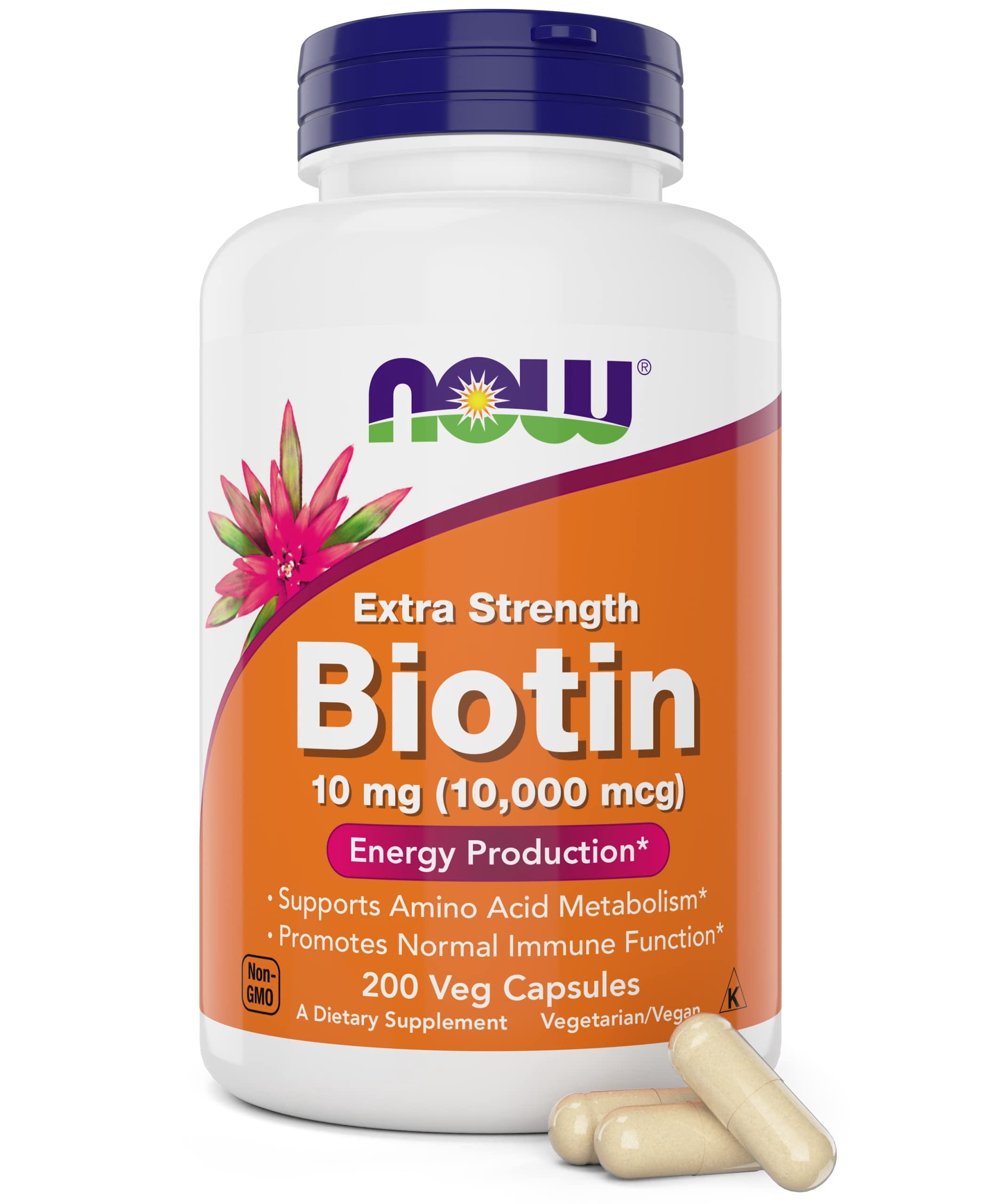 NOW Foods Extra Strength Biotin 10,000mcg / 10 mg - 200 Count - Hair ...