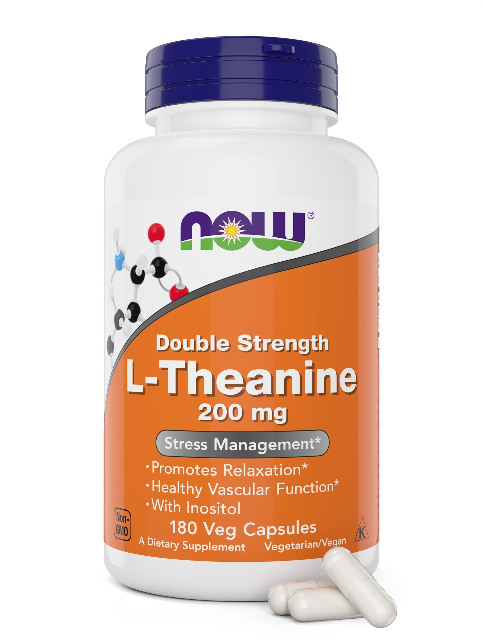 NOW Foods L-Theanine, Double Strength 200 mg Per Capsule - 180 Veg ...