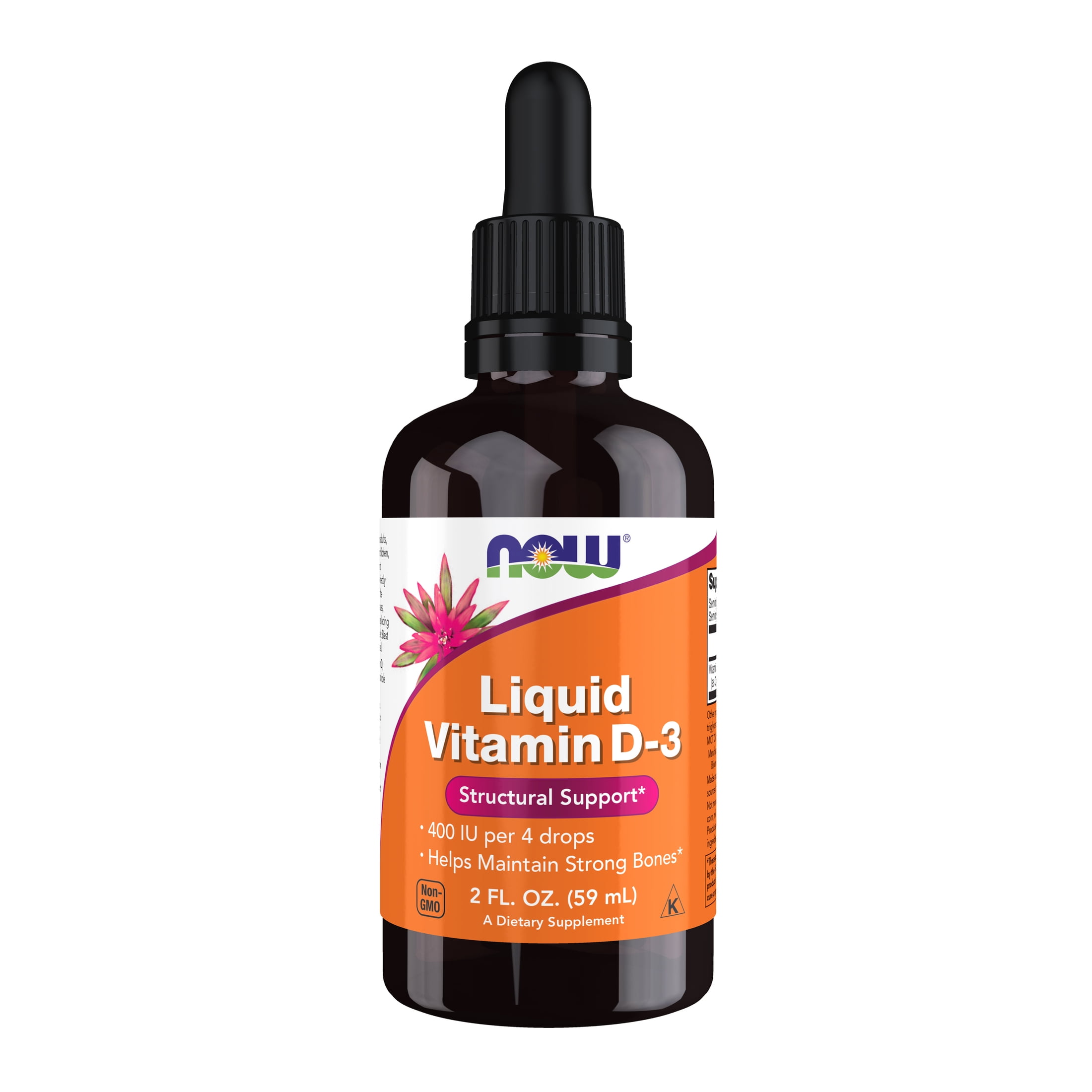 NOW Vitamin D-3 Liquid - 400 IU per 4 Drops for Strong Bones, Non-GMO ...