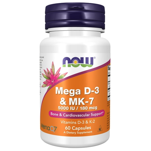 NOW Supplements, Mega D-3 & MK-7 with Vitamins D-3 & K-2, 5,000 IU/180 ...