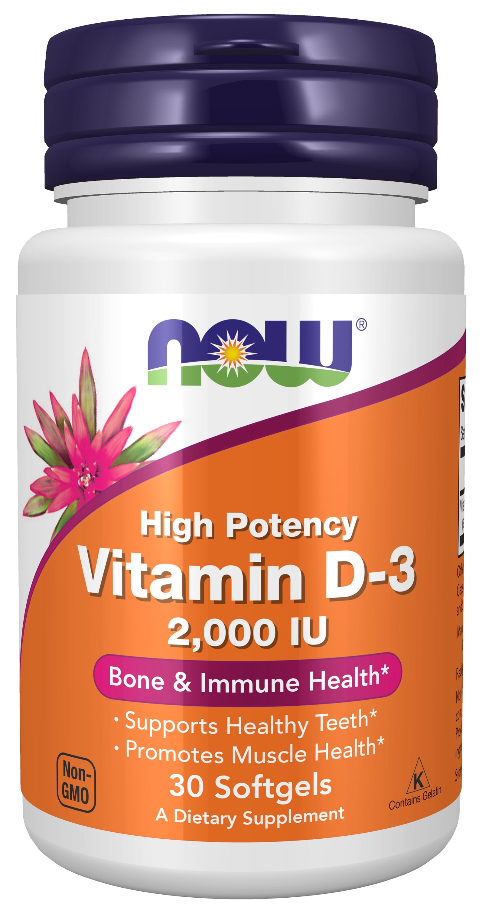 NOW Foods Vitamin D-3 Softgels, 2,000 IU, 30 Count, Supports Immune System, Non-GMO, Dietary ...