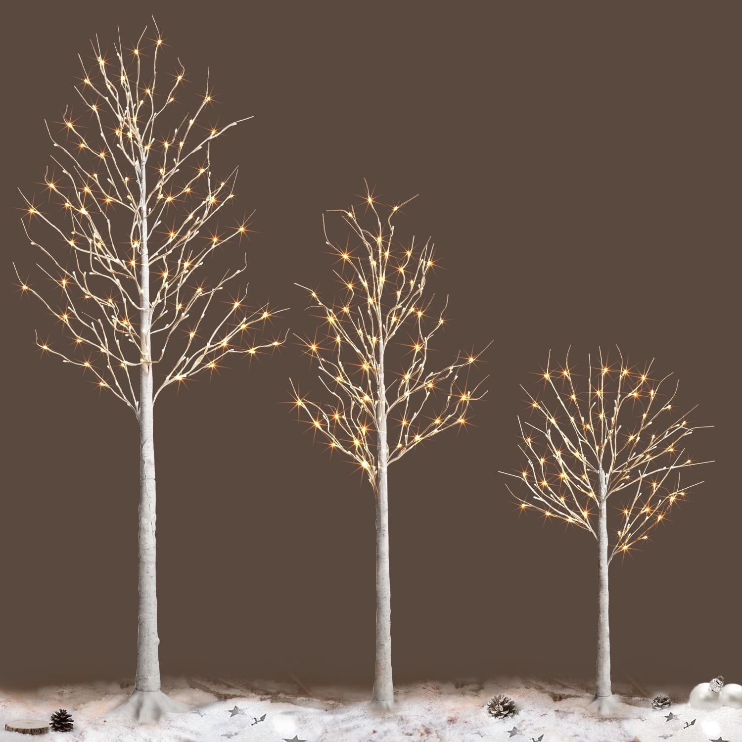 NOWSTO Birch Tree Lights Set of 3 4ft 6ft 8ft with Warm White LED ...