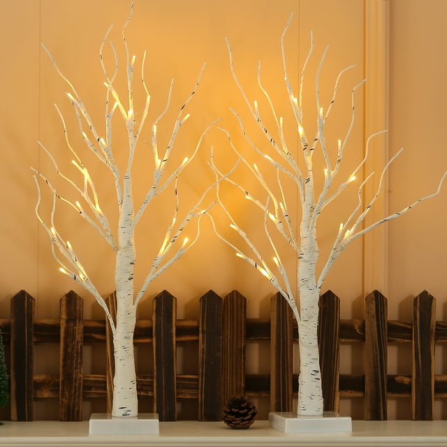 NOWSTO Birch Tree with Lights, 2 Pack 2FT Tree Indoor, 24 Pcs LED Warm ...