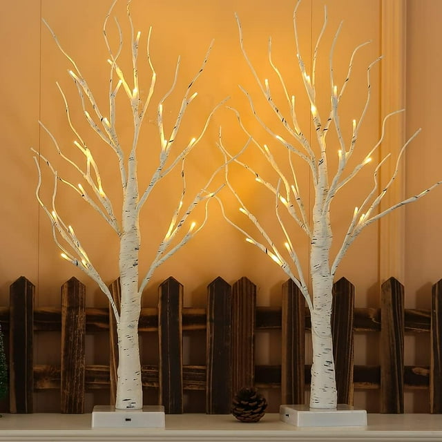 NOWSTO Birch Tree with Lights, 2 Pack 2FT Tree Indoor, 24 Pcs LED Warm ...