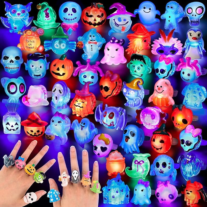 NPET 50Pcs Halloween Treats Light Up LED Rings, Non Candy Halloween ...