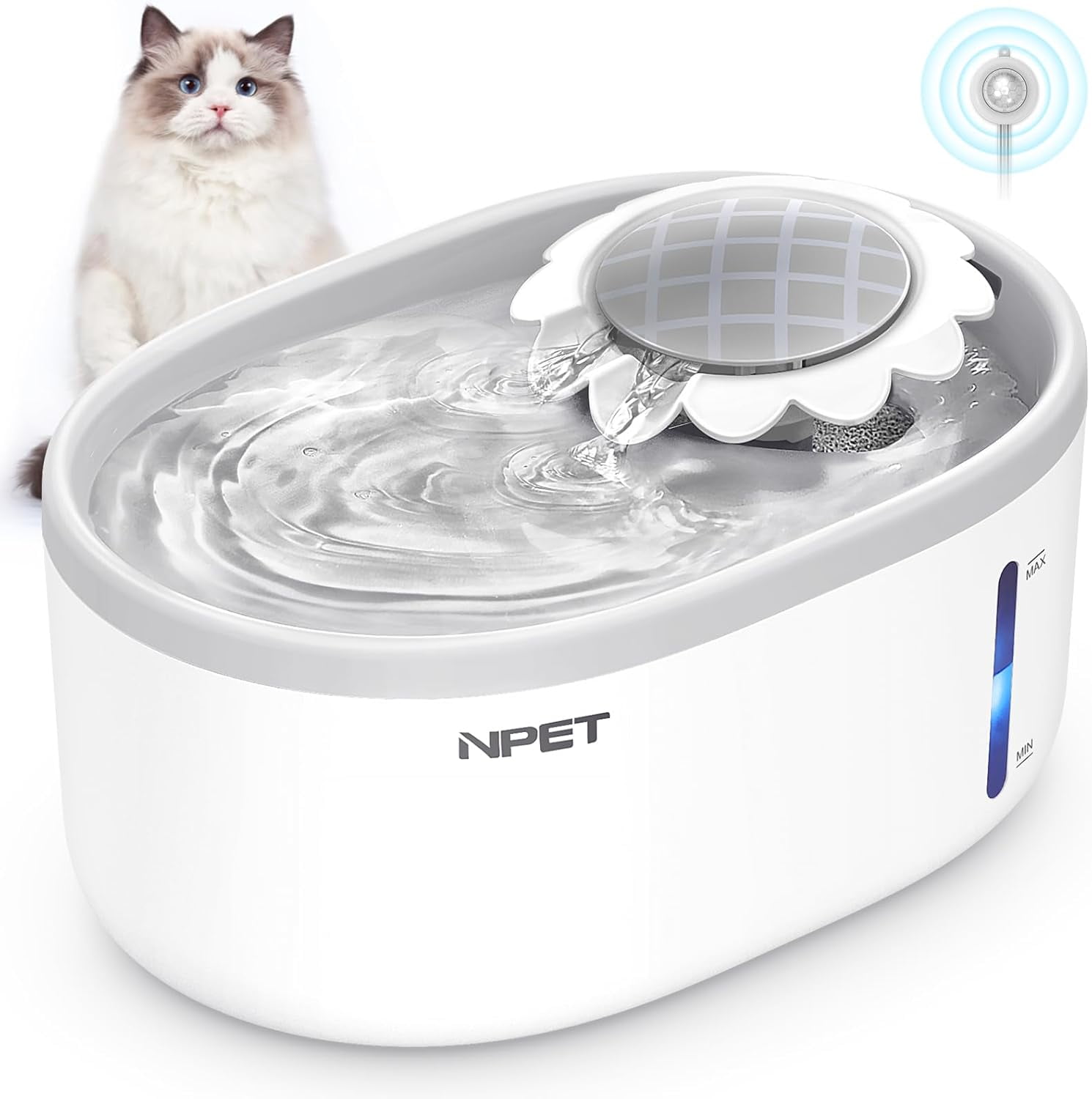 NPET Cat Water Fountain with Visible Water Level Window, White Grey 2L ...