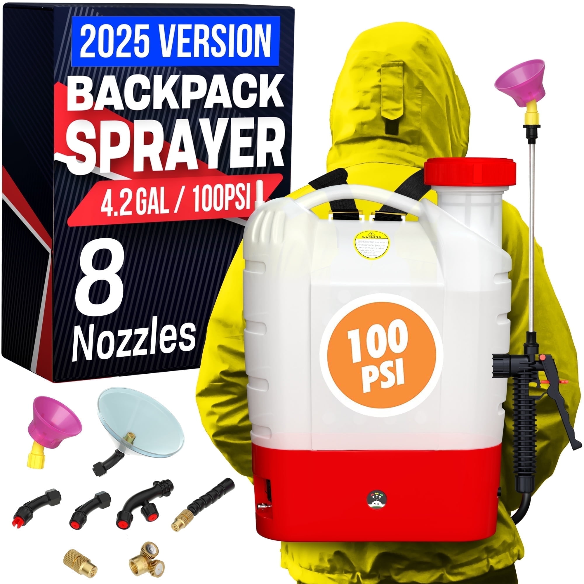 NPGLOBAL 4.2 Gal Battery Powered Backpack Sprayer - 8 Nozzles, 100PSI ...