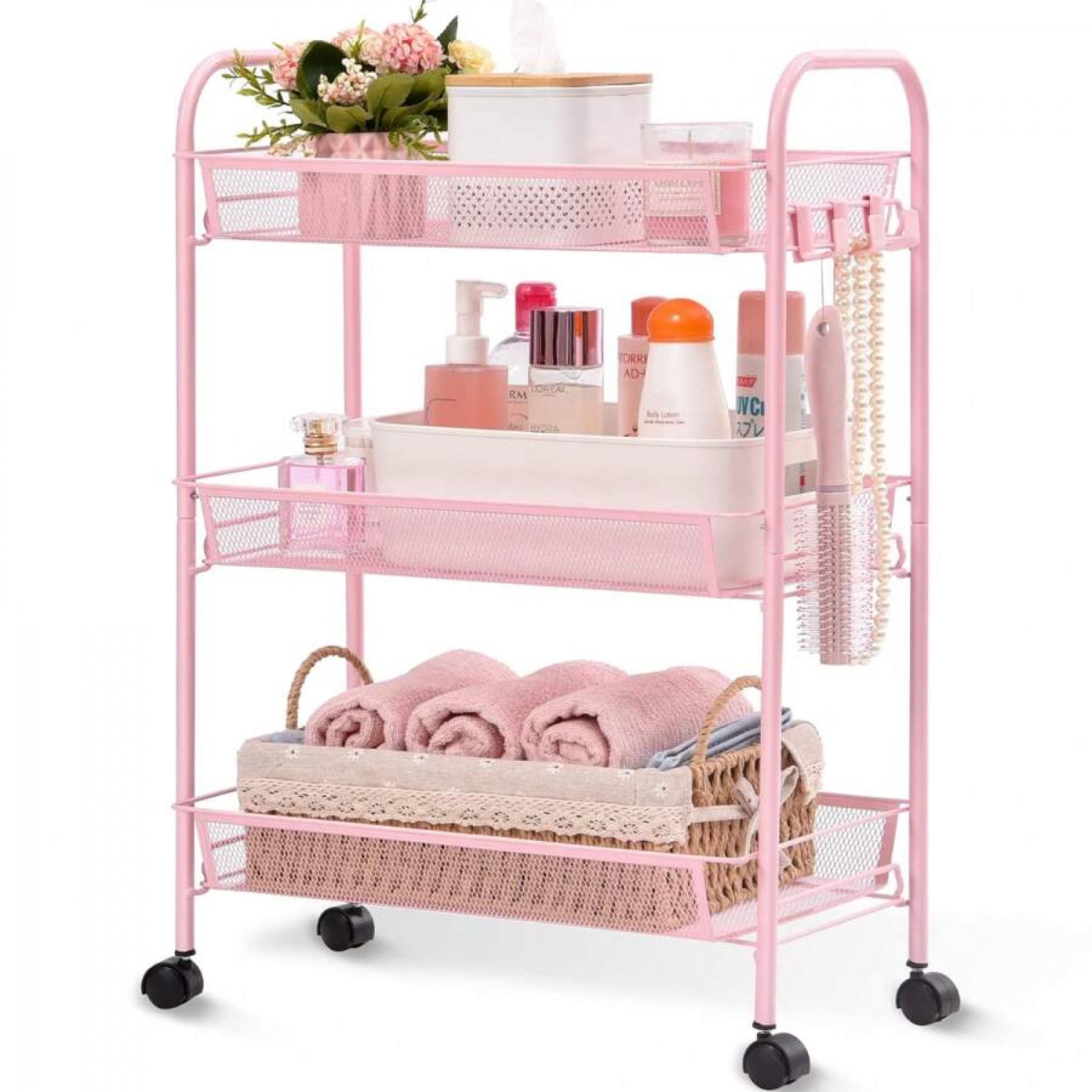 NPQERYZRXFJ 3-Tier Metal Rolling Cart,Storage Trolley On Wheels with 3 ...