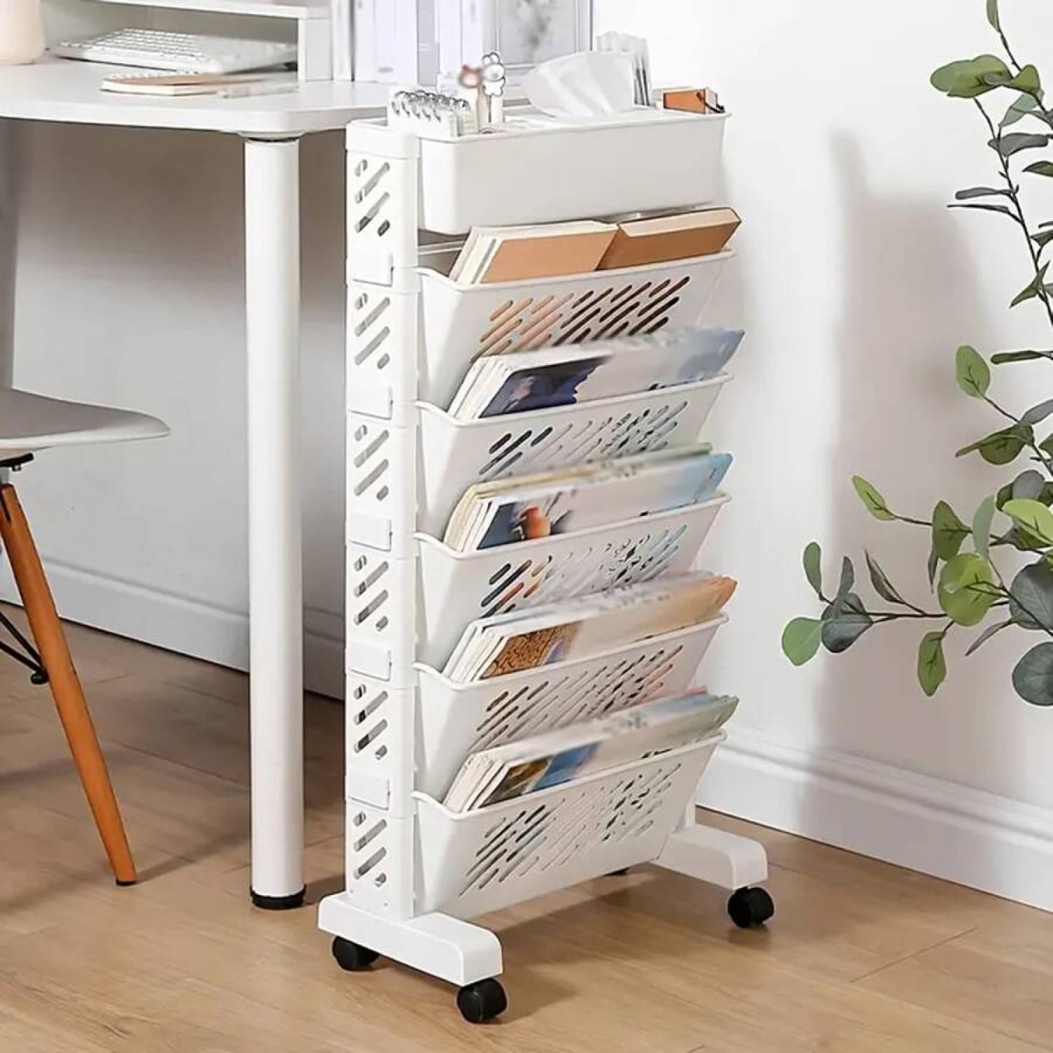 NPQERYZRXFJ 6-Tier Mobile Bookshelf Cart with Wheels, Rolling Bookcase ...