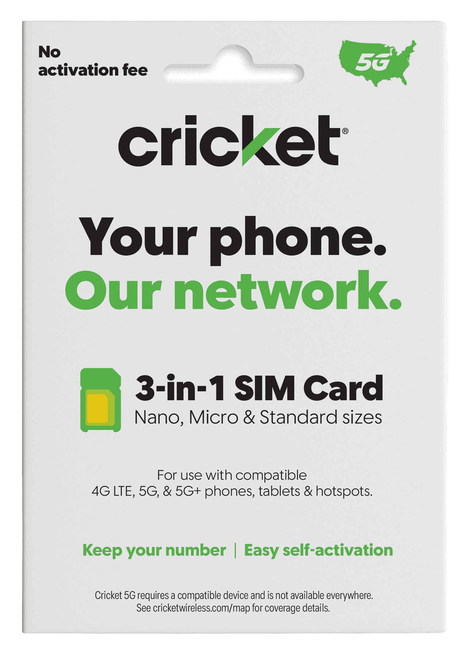 Cricket Wireless 3-in-1 5G SIM Card Kit for Standard Micro Nano Devices ...