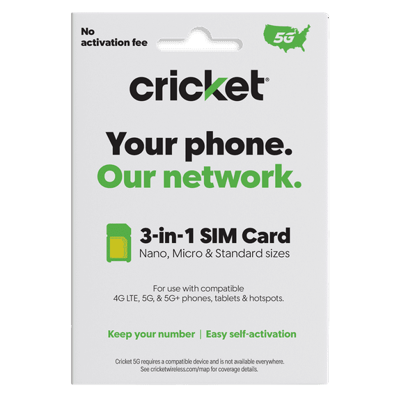 Cricket Wireless 3-in-1 5G SIM Card Kit for Standard Micro Nano Devices ...
