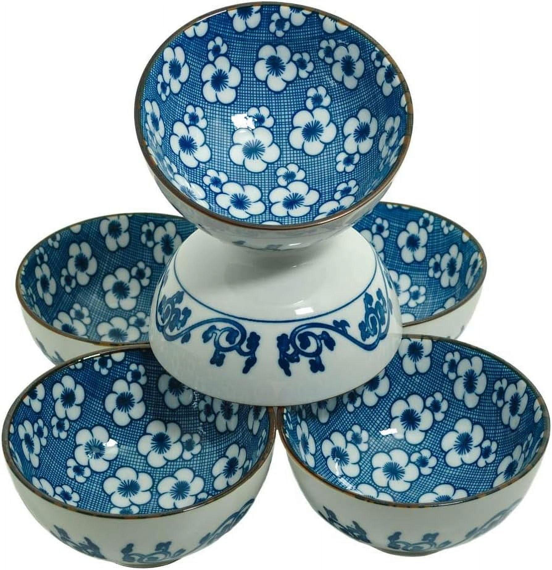 NS2005 Japanese Blue White Rice Bowls Design, 8-Ounces, 4½-Inches, Set ...