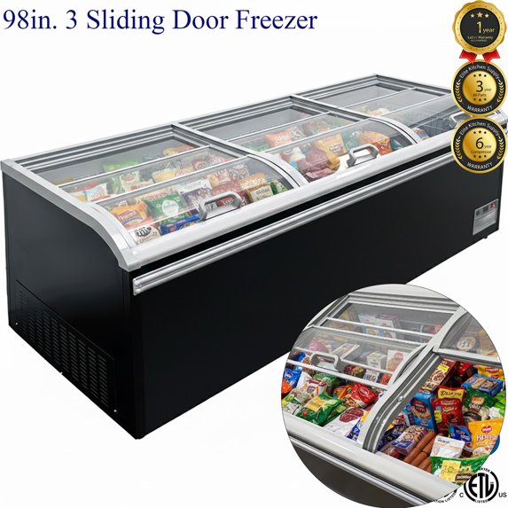NSF 98" High-Capacity Island Freezer – 3 Sliding Glass Top Commercial ...
