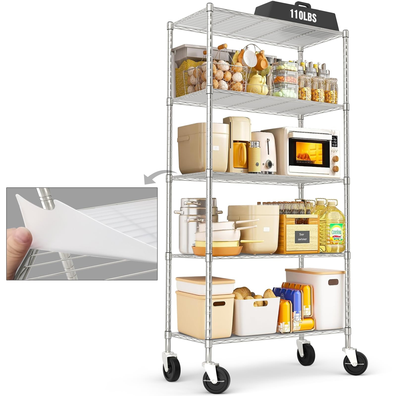 NSF Certified 5-Shelf Adjustable Wire Rack on Wheels, Industrial ...