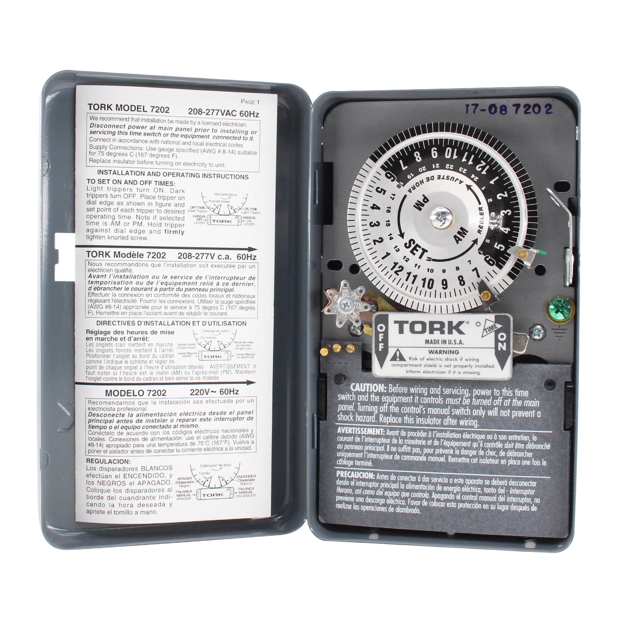 NSI Tork 7202 Indoor Timer Switch, 24-Hour, Skip-A-Day, DPST, 40A, 208 ...