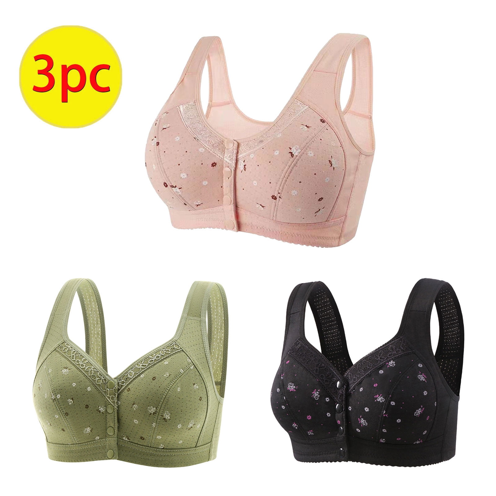 NSLGXD 3 Pack Daisy Bras for Older Women Front Closure Bra Full ...