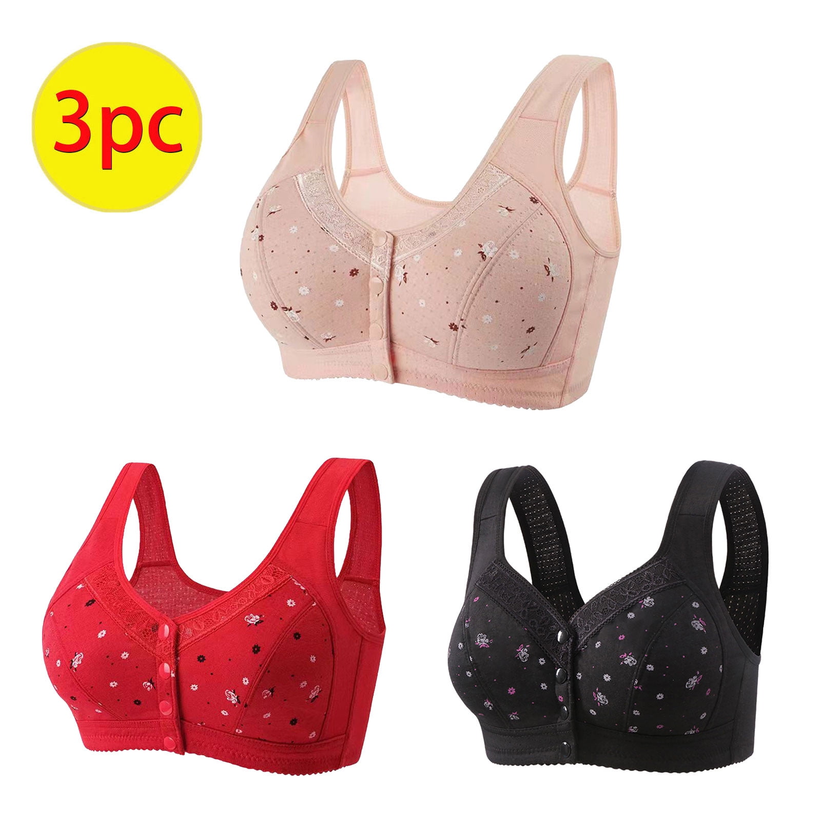NSLGXD 3-Pack Daisy Bras for Older Women Front Closure Full Coverage ...