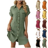 NSLGXD Button Down Shirt Dress Women Rolled Up Short Sleeve Lapel ...