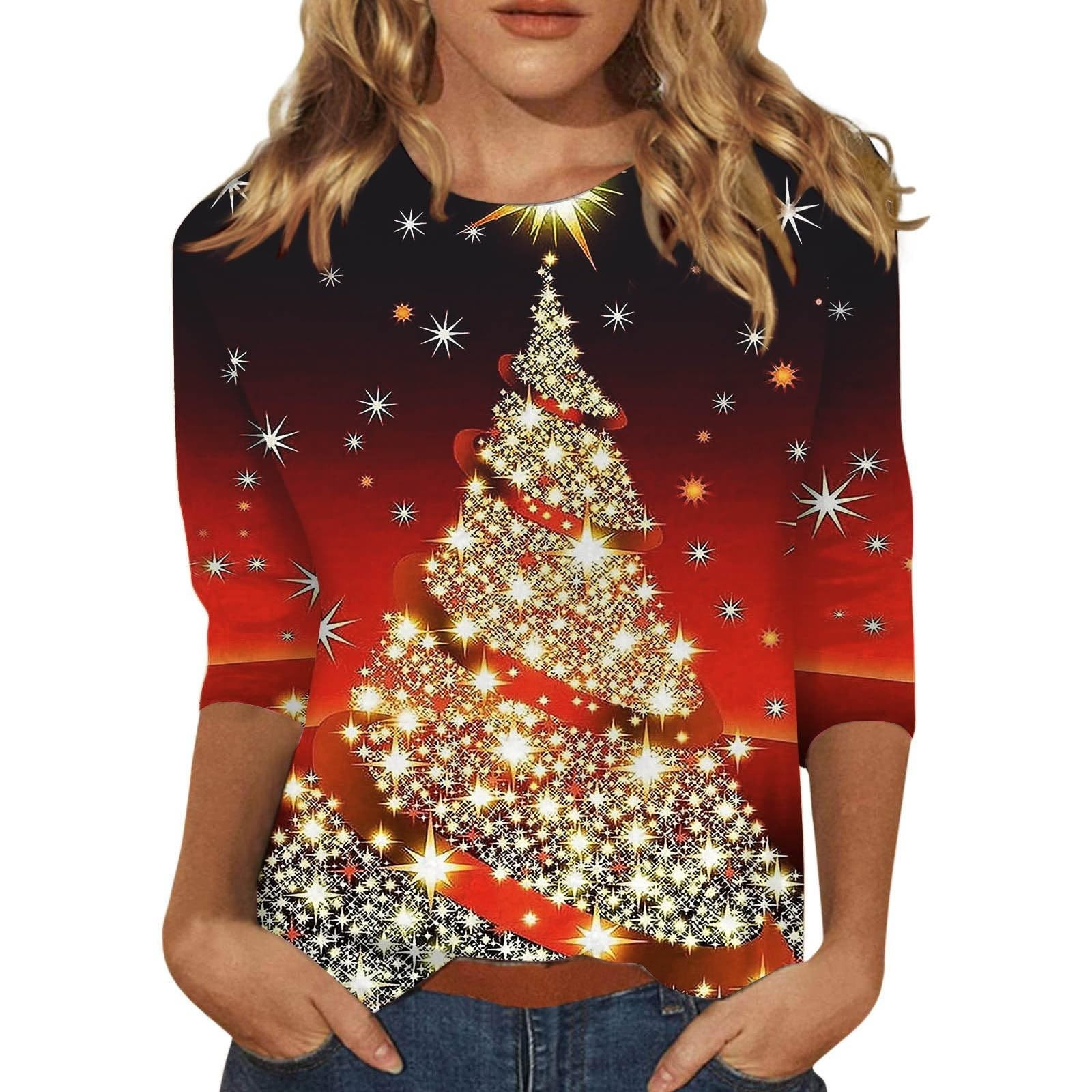 NSLGXD Christmas Shirts for Women 2024 Glitter Xmas Tree Print T-Shirts ...
