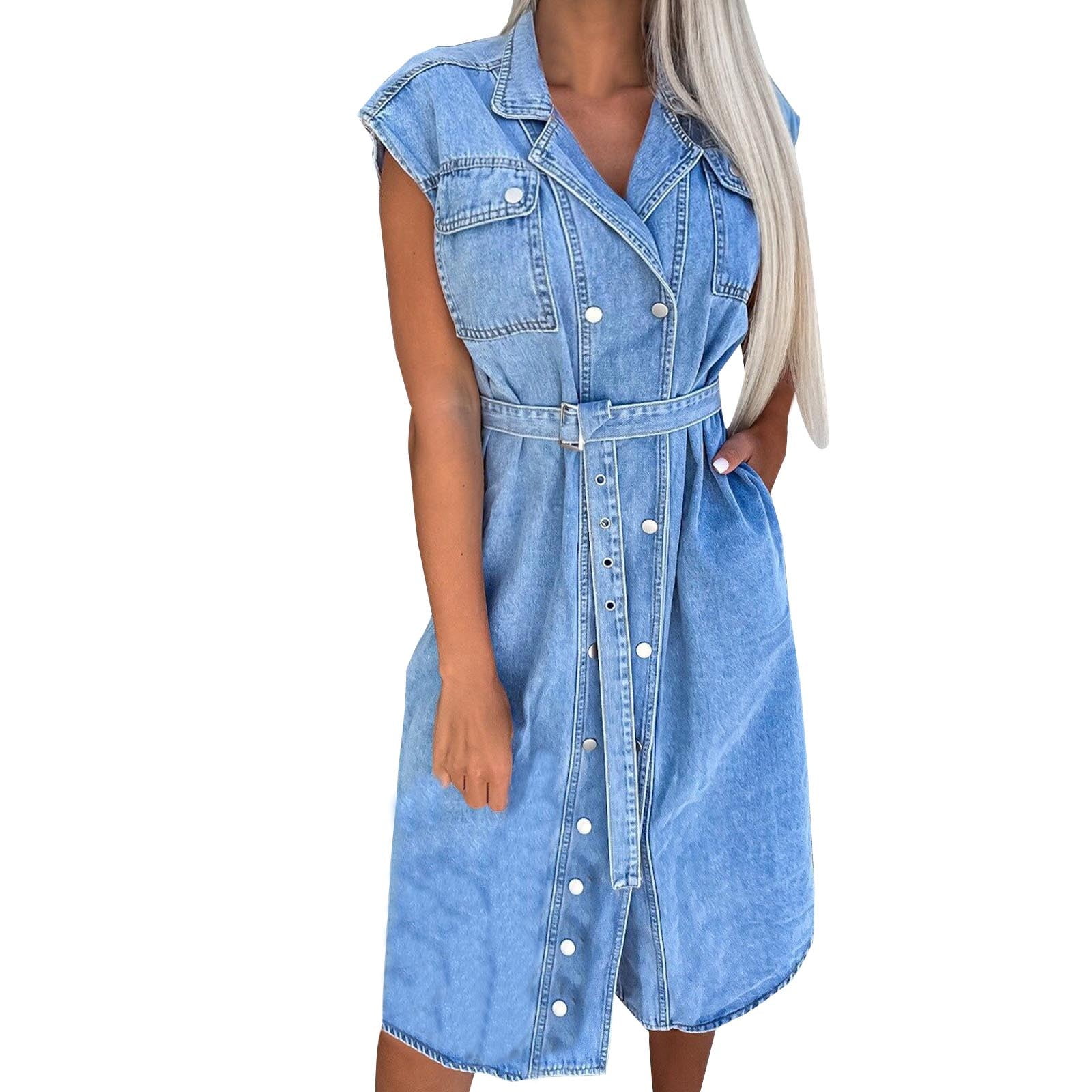 NSLGXD Denim Dresses for Women with Pockets Short Sleeve Denim Shirt ...