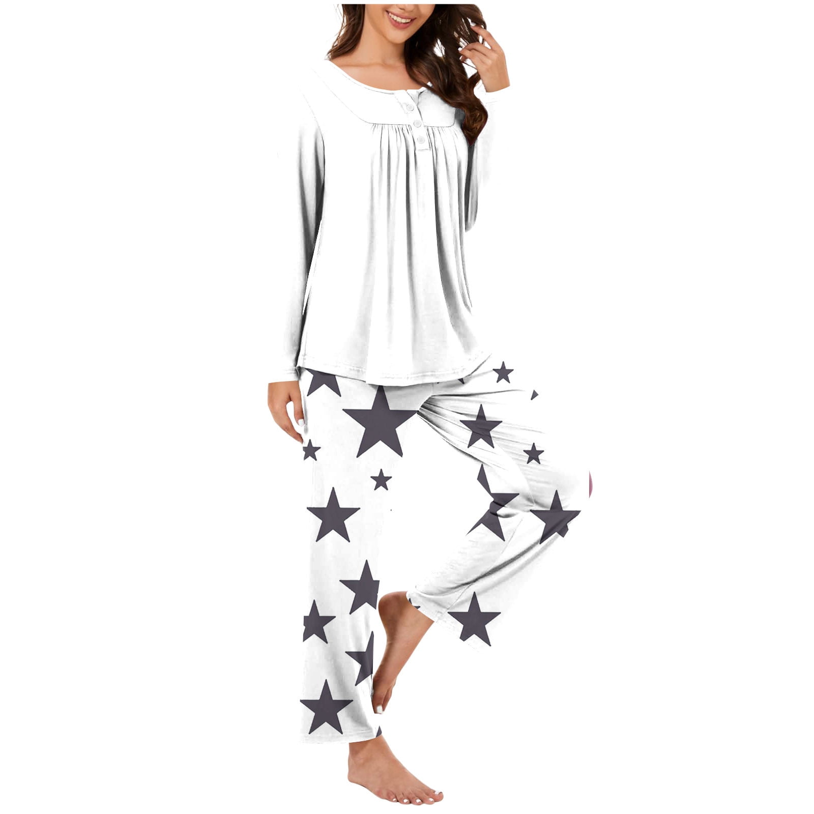 NSLGXD Fall Pajamas for Women 2 Piece Pjs Sets Button Pleated Long ...