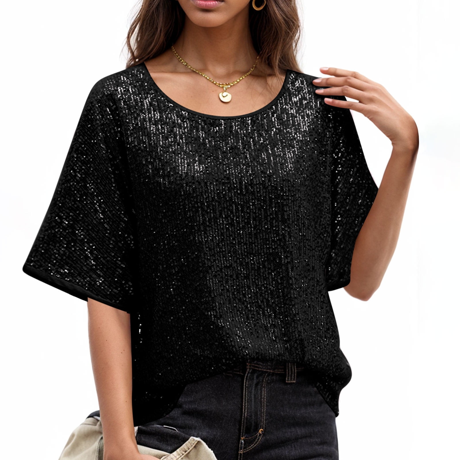 NSLGXD Glitter Tunic Tops Womens Sparkly Sequin Shirts Loose Fit Half ...