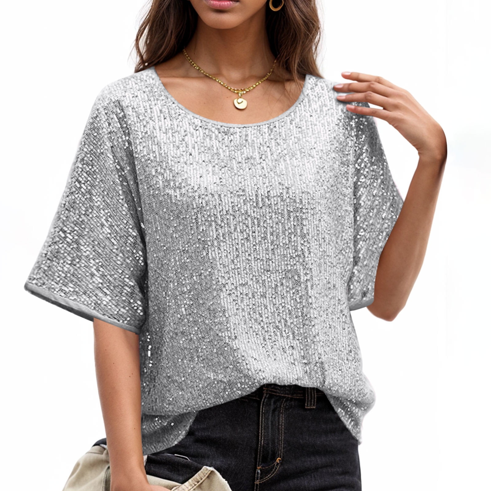 NSLGXD Glitter Tunic Tops Womens Sparkly Sequin Shirts Loose Fit Half ...