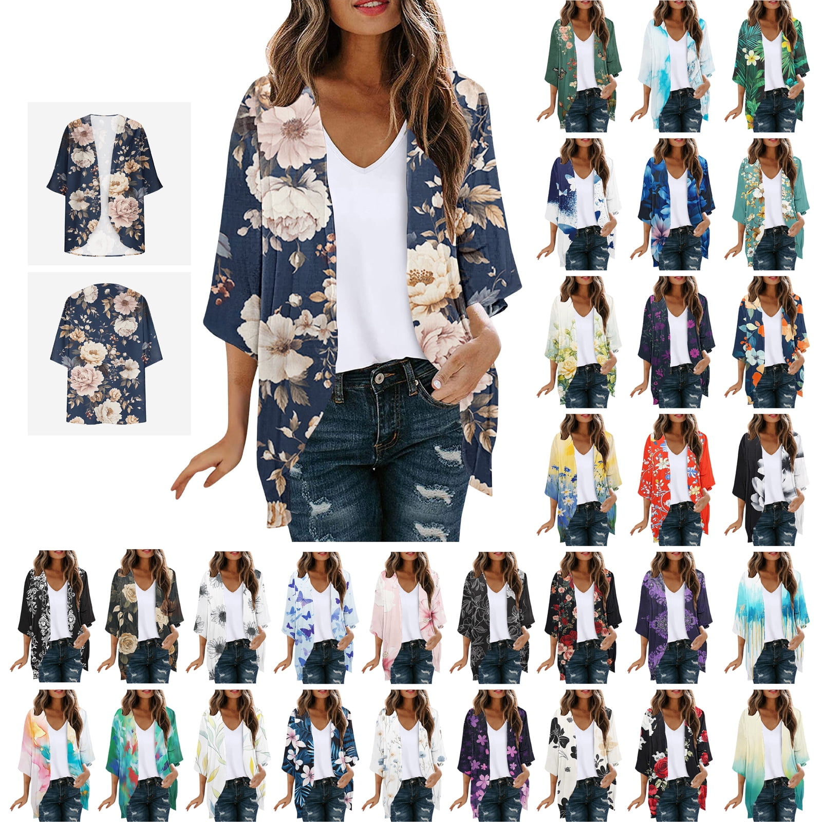 NSLGXD Hawaiian Floral Kimono Cardigans for Women 3/4 Sleeve Open Front ...