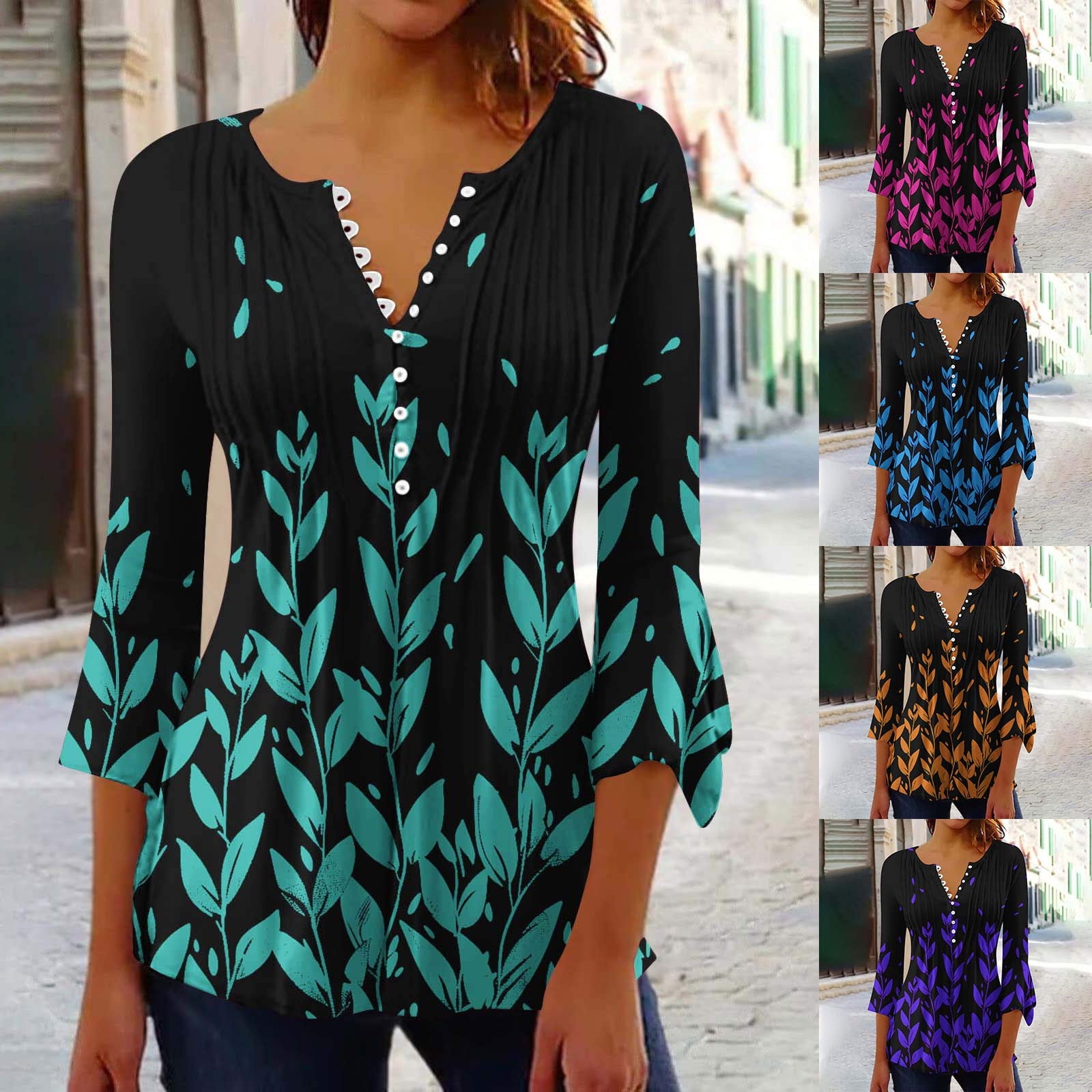 NSLGXD Hide Belly Tops Women 3/4 Sleeve Blouses Casual Empire Waist A-Line Tunic Tops Pleated ...