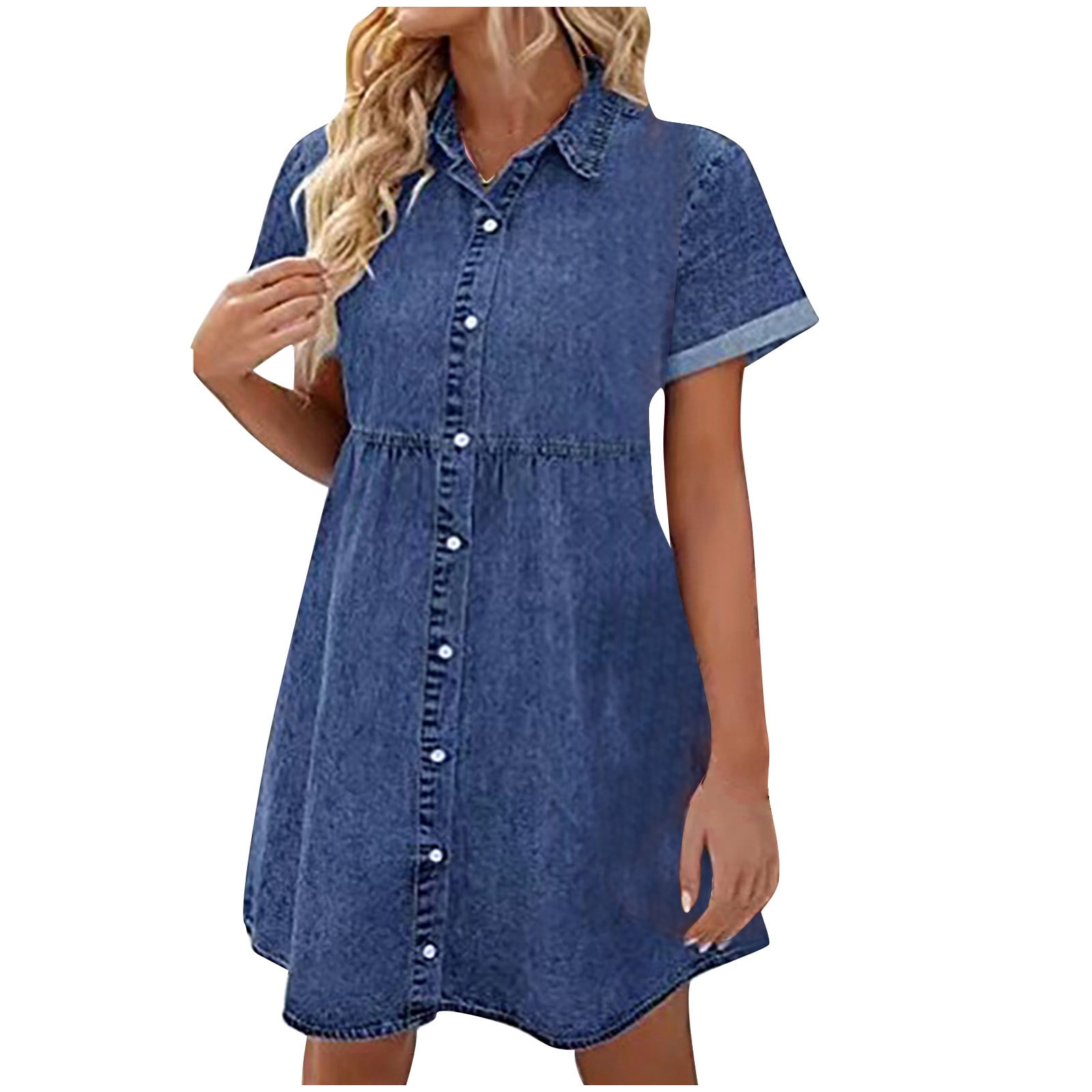 NSLGXD Pleated Tiered Denim Dresses for Women Midi Dresses Short Sleeve ...