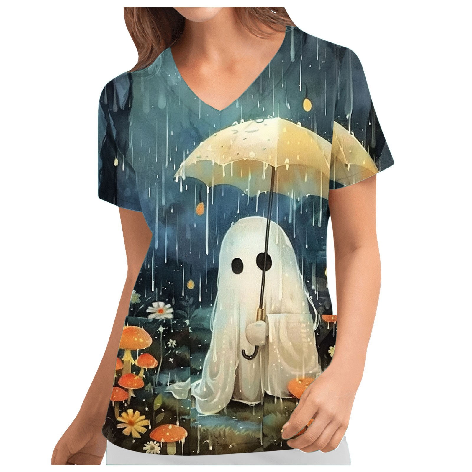 NSLGXD Scrub Tops for Women Cute Ghost Printed T Shirts Short Sleeve V ...