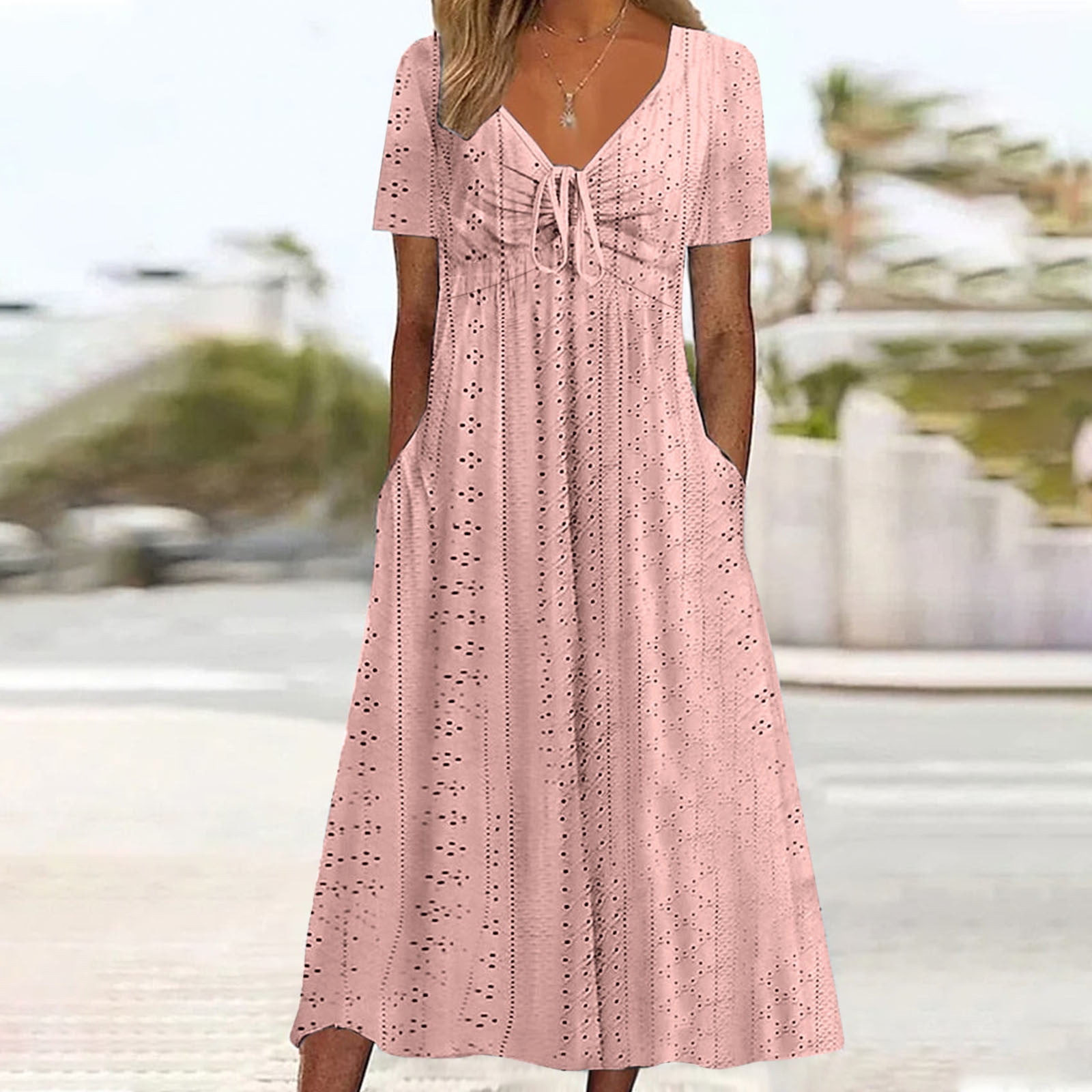 NSLGXD Summer Eyelet Midi Dresses for Women 2024 Short Sleeve V Neck ...
