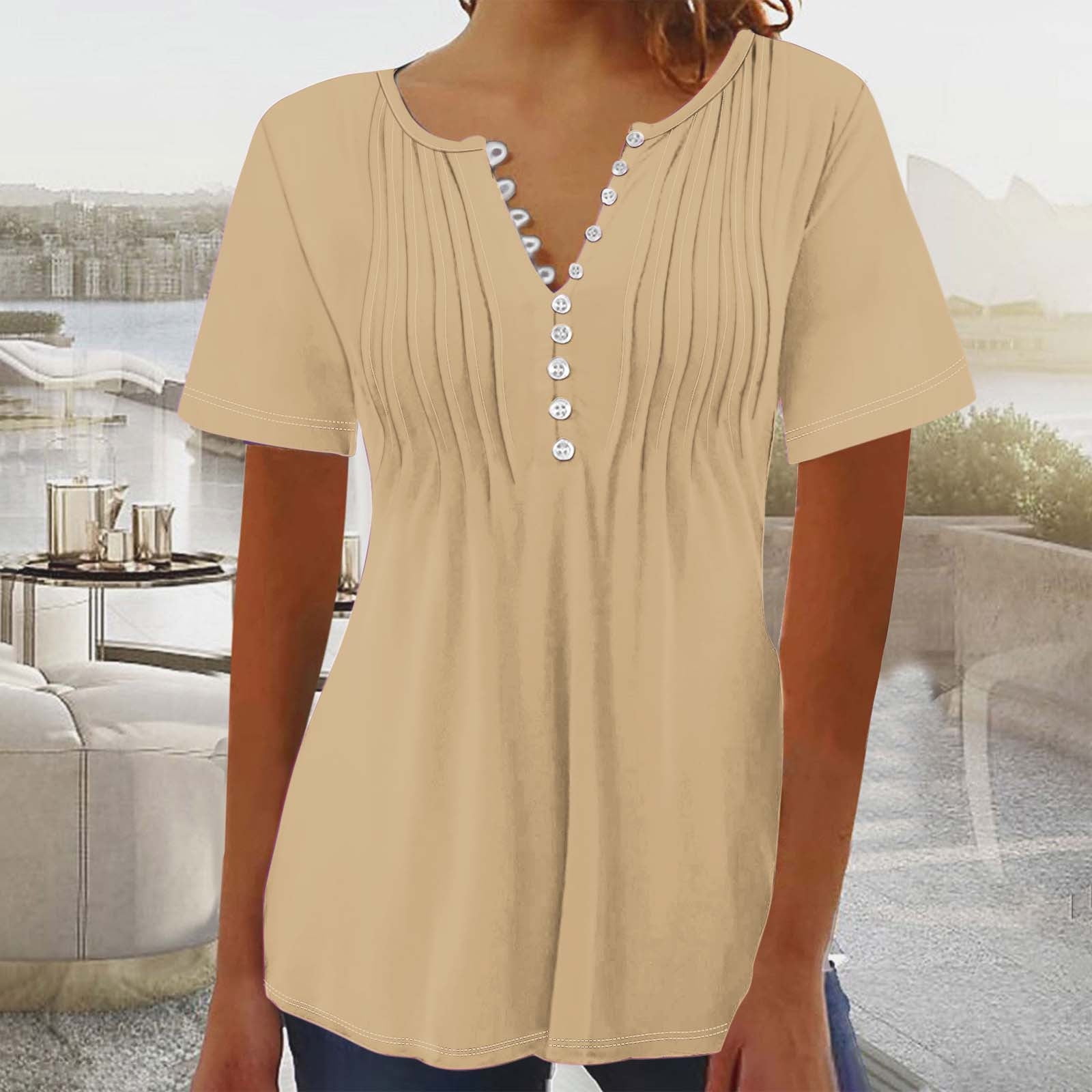 NSLGXD Tunic Tops for Women 2025 Summer Short Sleeve Shirts Pleated ...