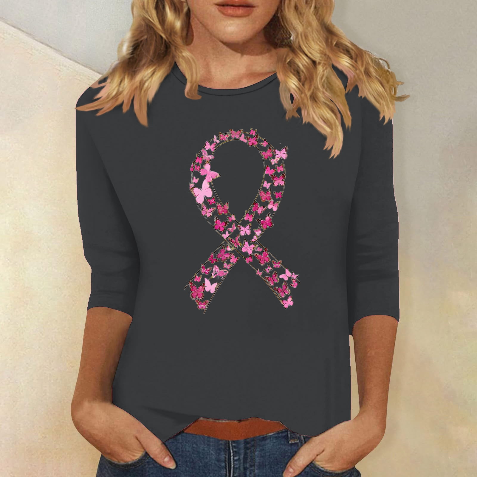 NSLGXD Women's Pink Butterfly Ribbon Graphic Tops Breast Cancer ...