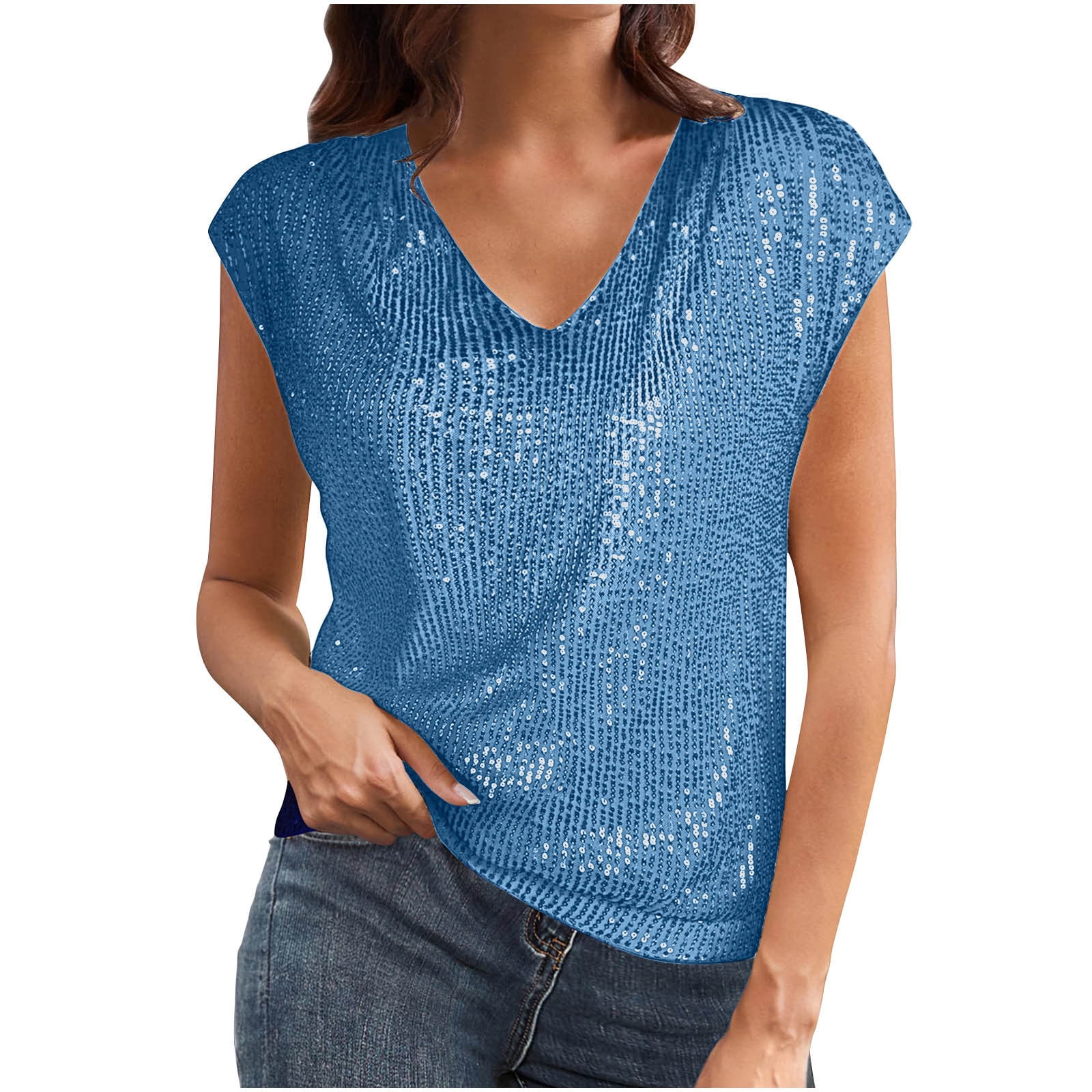 NSLGXD Women's Sequin Tops Glitter Cap Sleeve V Neck Shirts Sparkly Sequin Solid Color Blouse ...