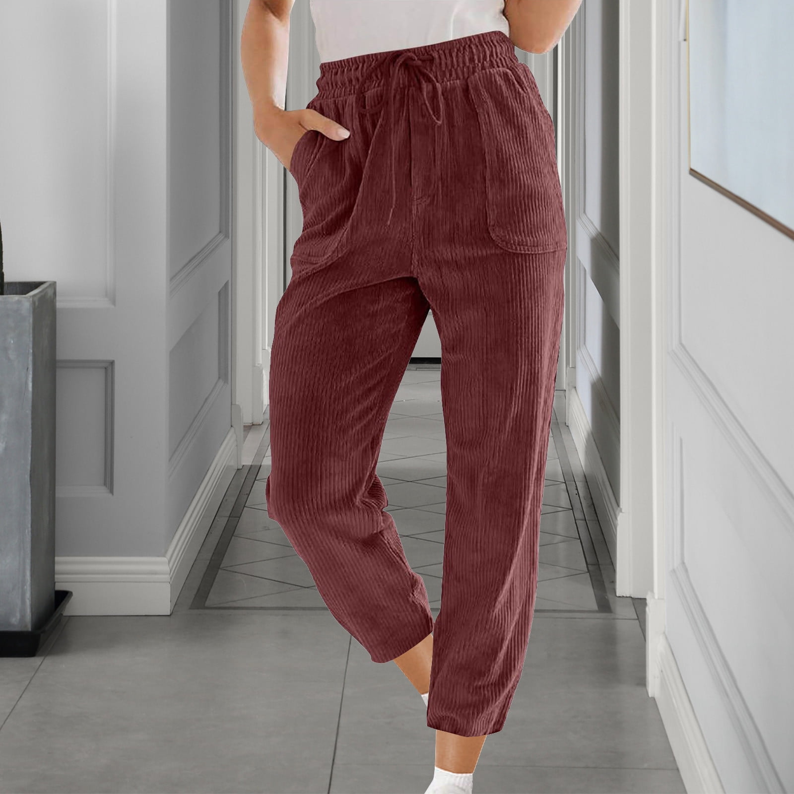 NSLGXD Womens Corduroy Pants High Waist Elastic Waist Drawstring Pants ...