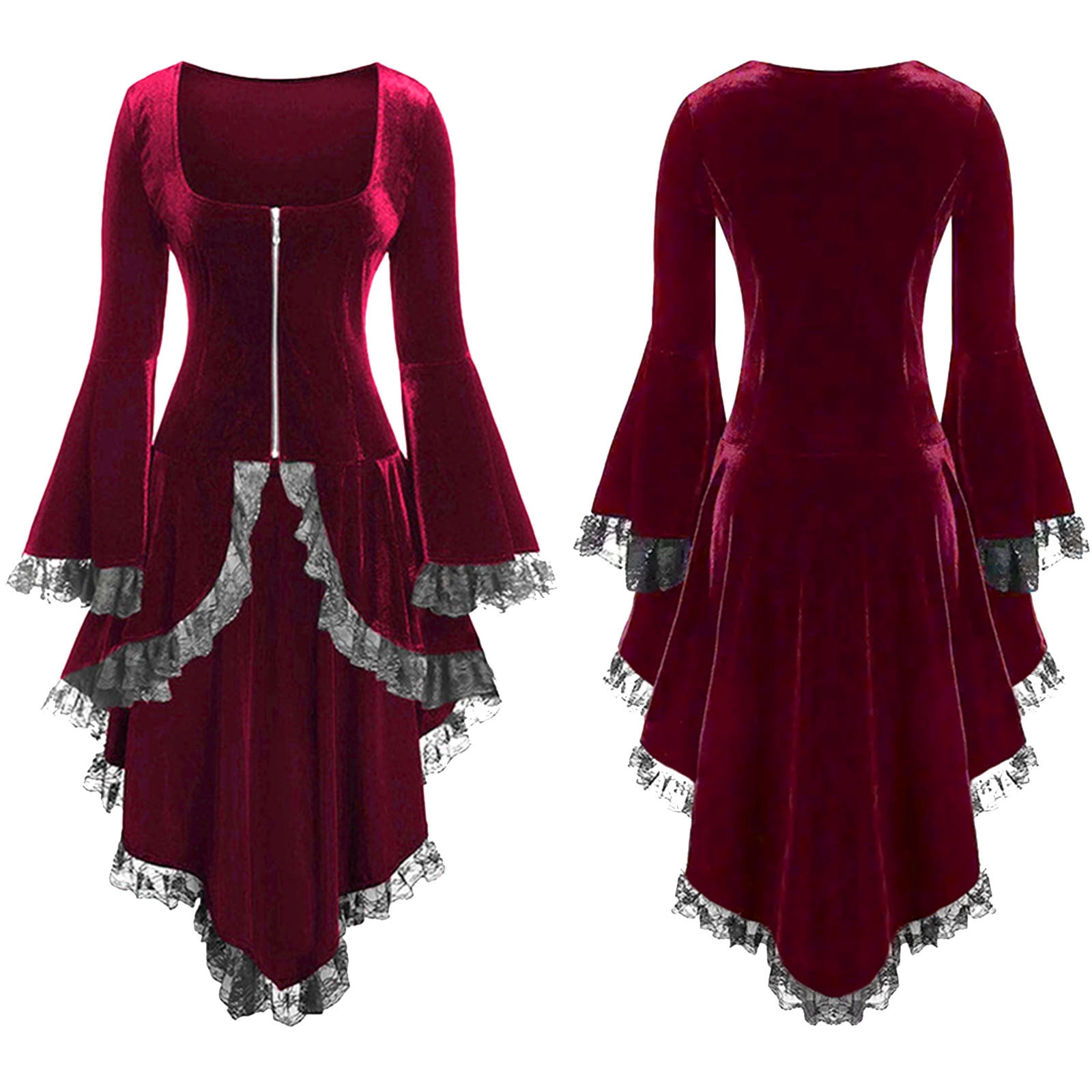 NSLGXD Womens Gothic Halloween Costume Lace Trims Zip Front High Low ...