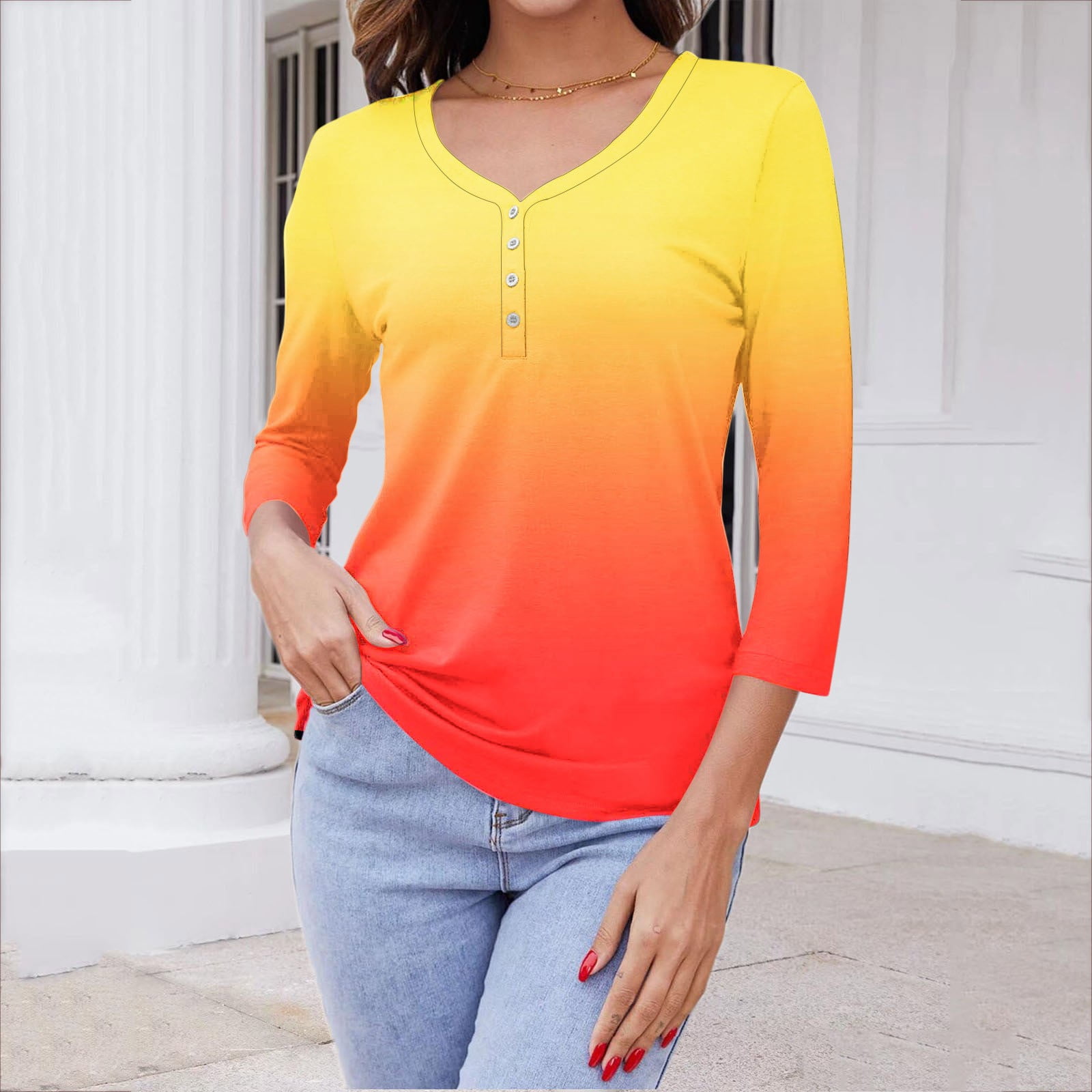 NSLGXD Womens Henley Tops 3/4 Sleeve Shirts Casual Button V Neck T ...