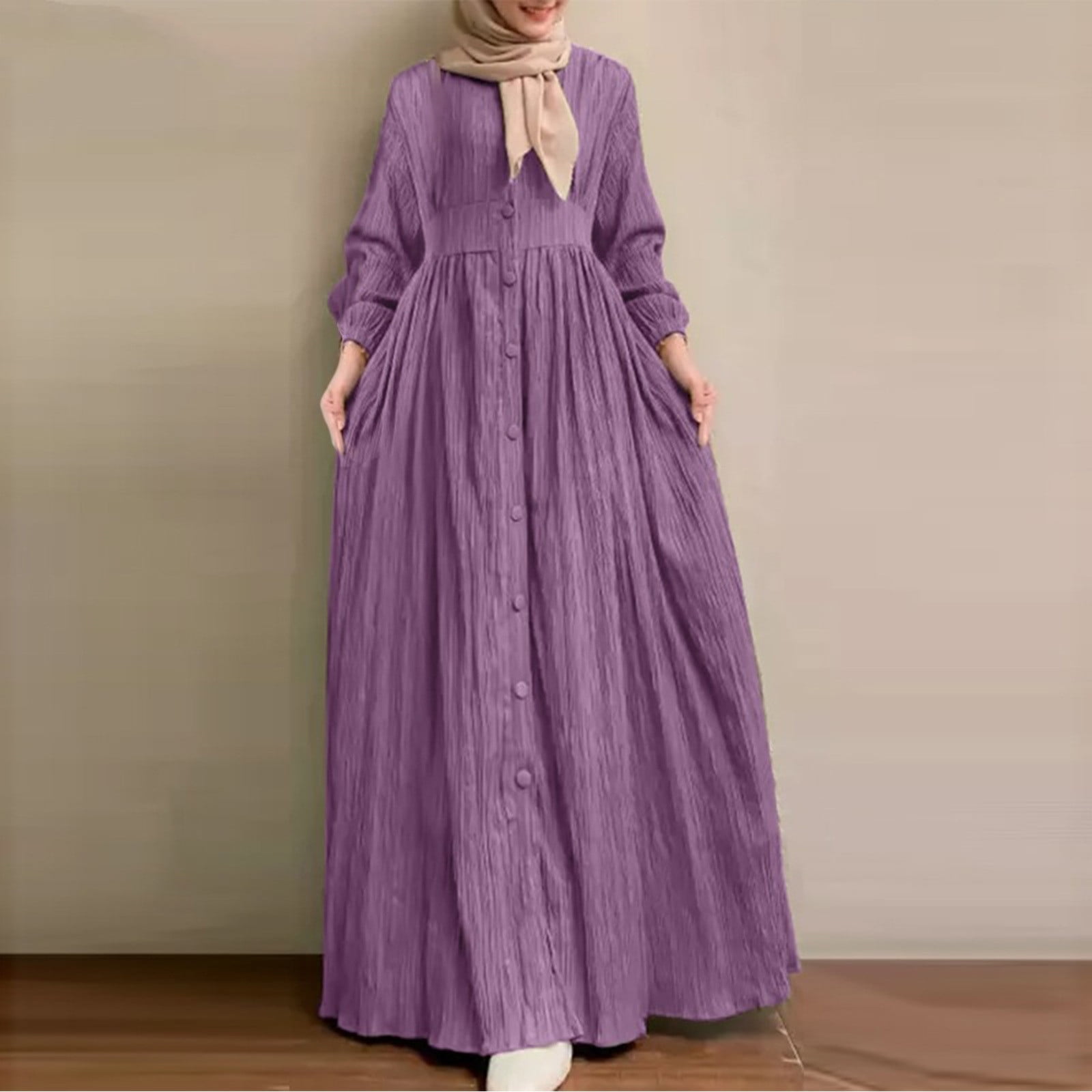 NSLGXD Womens Muslim Pleated Maxi Dress Long Sleeve Casual Crewneck ...